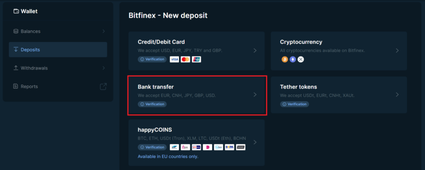 Tutoriel Bitfinex : comment faire un dépôt de FIAT